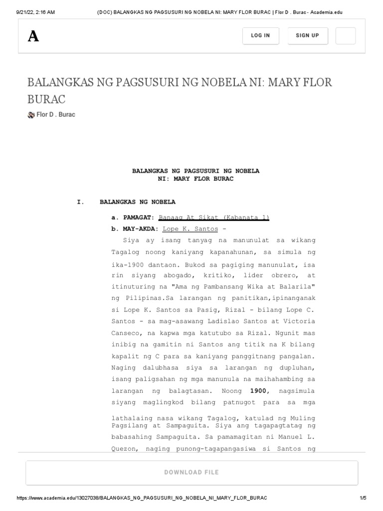 (DOC) BALANGKAS NG PAGSUSURI NG NOBELA NI - MARY FLOR BURAC - Flor D ...