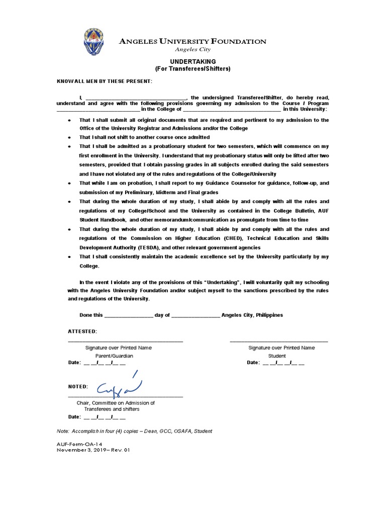 Undertaking Form For Shifters and Transferees | PDF | Educational Stages