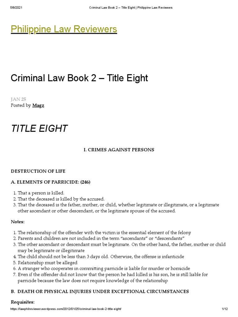 Title Eight: Crimes Against Persons | PDF | Murder | Rape