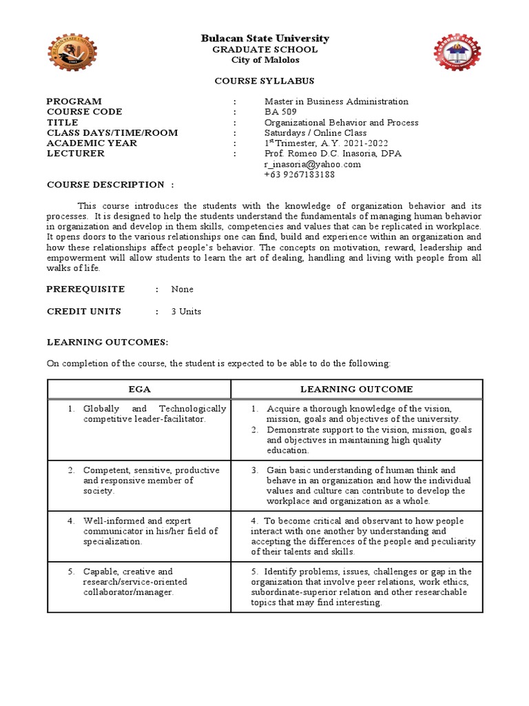 Course Syllabus in BA 509 BOP Online Class | PDF | Leadership ...