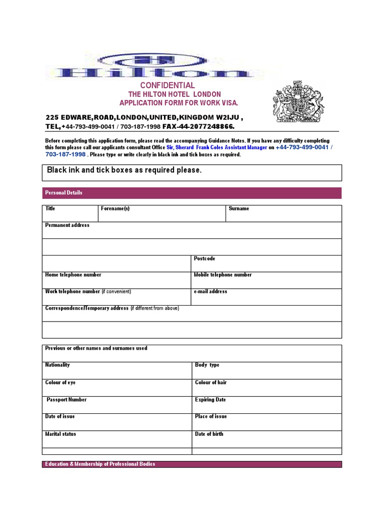 Hilton Hotel London Application Form For Working Visa | Download Free ...