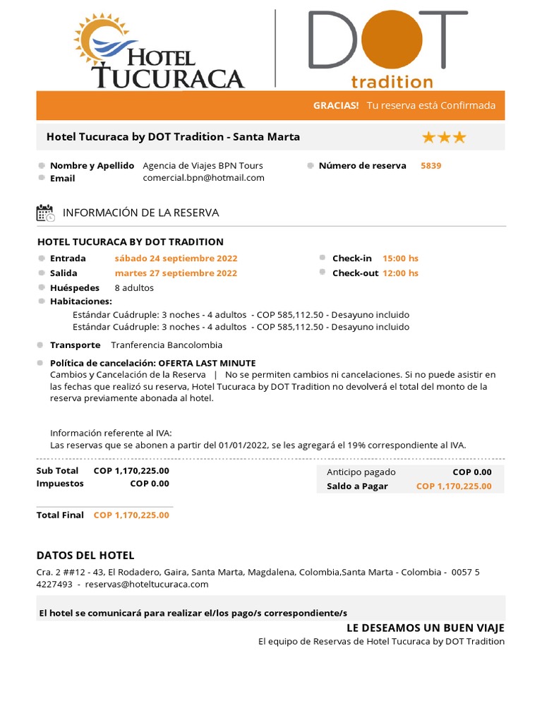 Reserva Confirmada en Hotel Tucuraca | PDF