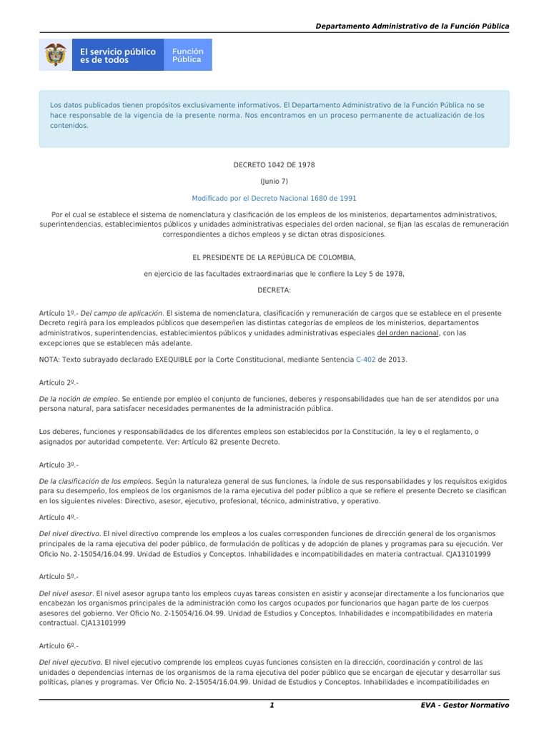 Decreto 1042 de 1978 Nomenclatura, Clasificación de Empleos y Escalas ...