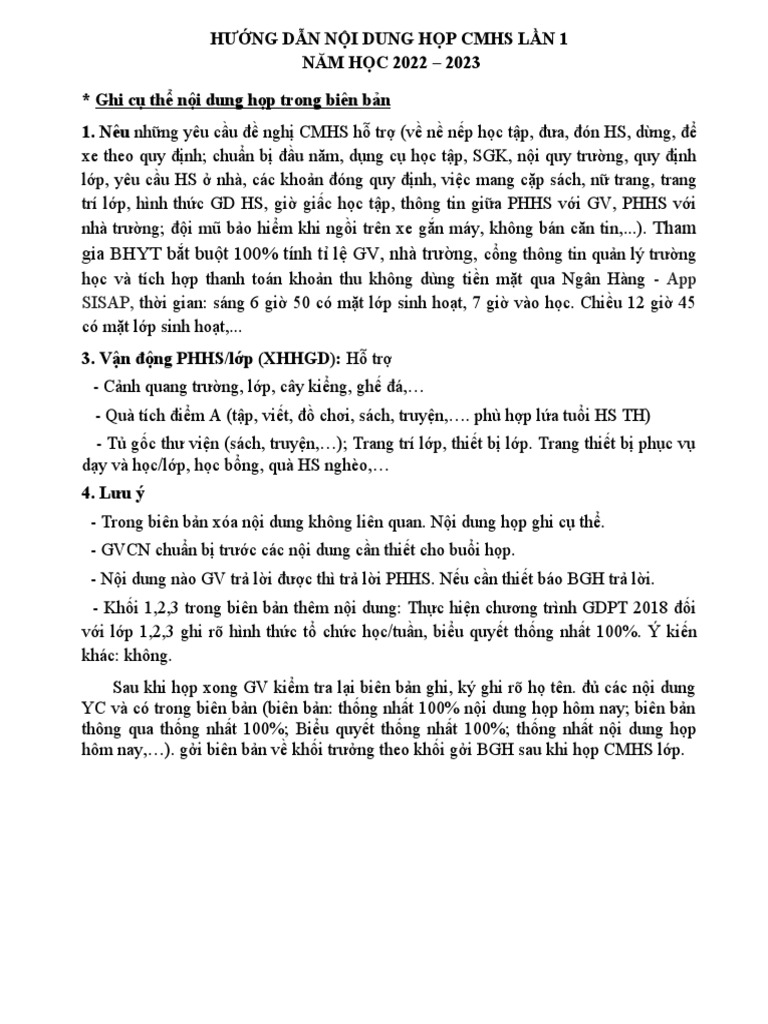 HƯỚNG DẪN HỌP CMHS LỚP LẦN 1 NĂM HỌC 2022- 2023 | PDF