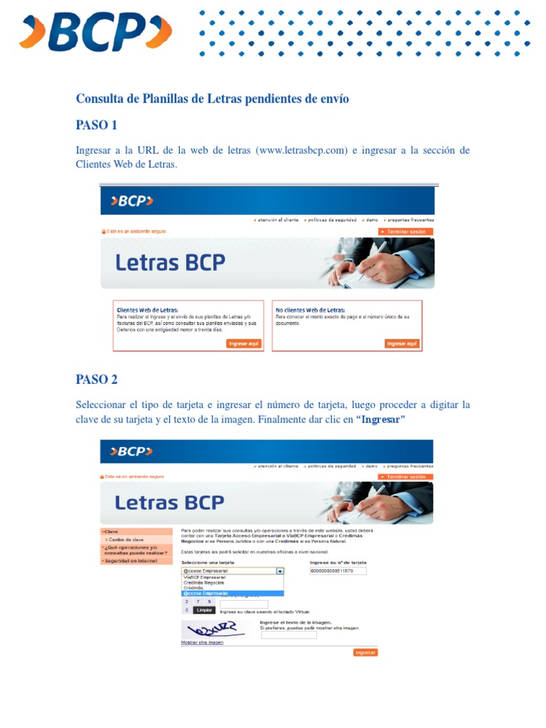 Guía paso a paso para realizar diversas consultas en la plataforma web de letras del BCP | PDF ...