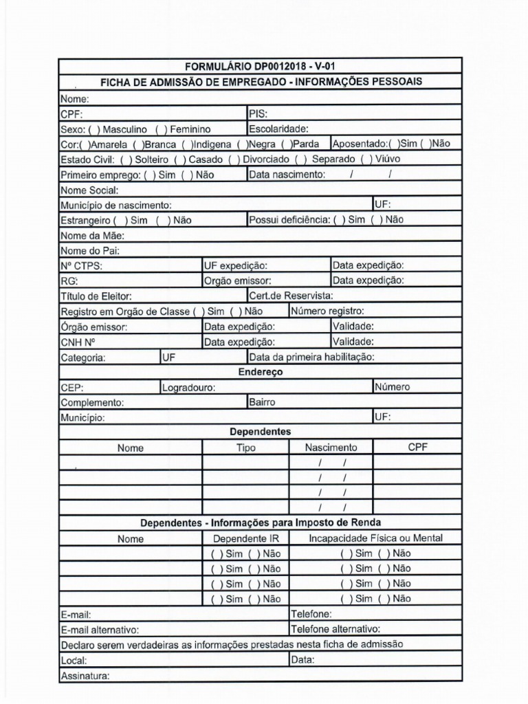 Ficha de Admissão - Empregado | PDF