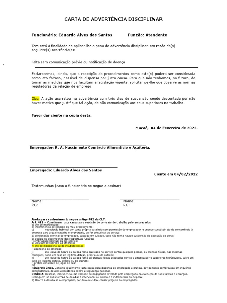 Modelo de Carta de Advertência | Download grátis PDF | Direito Comum ...