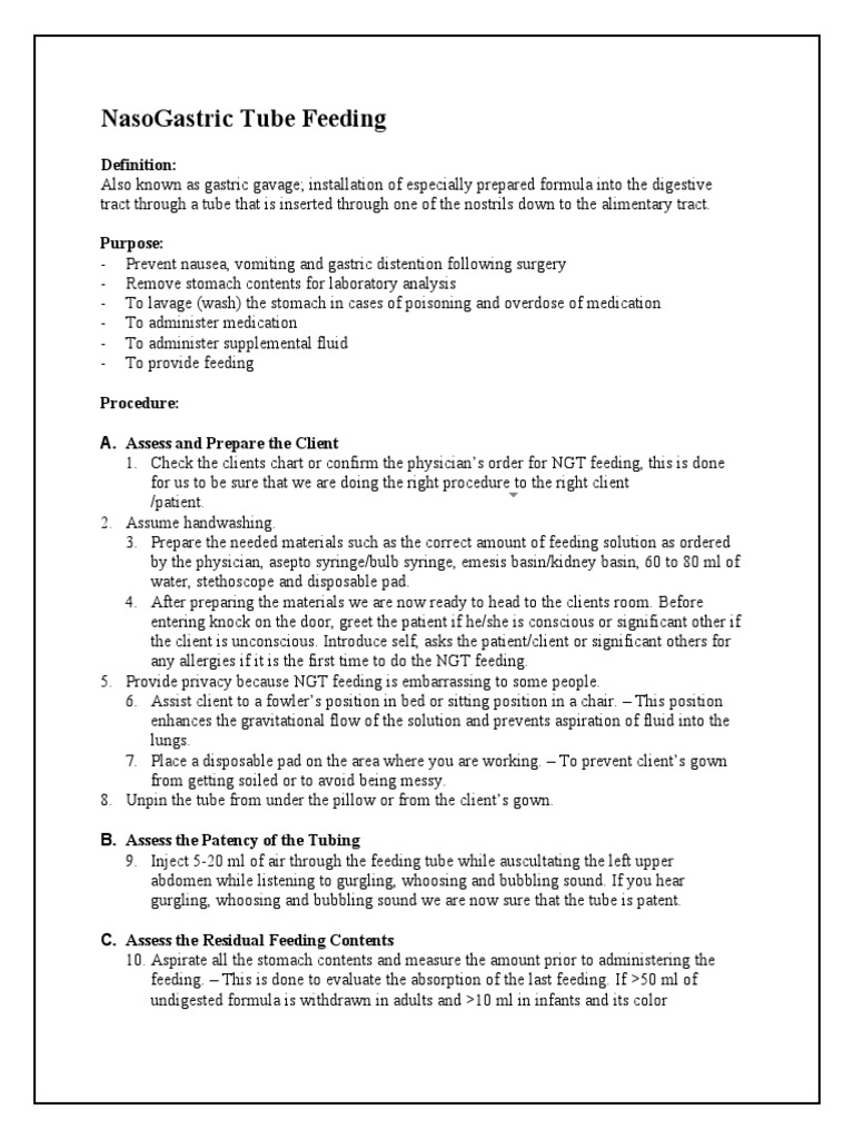 Nasogastric Tube Feeding Procedure Guide | PDF | Vomiting | Syringe