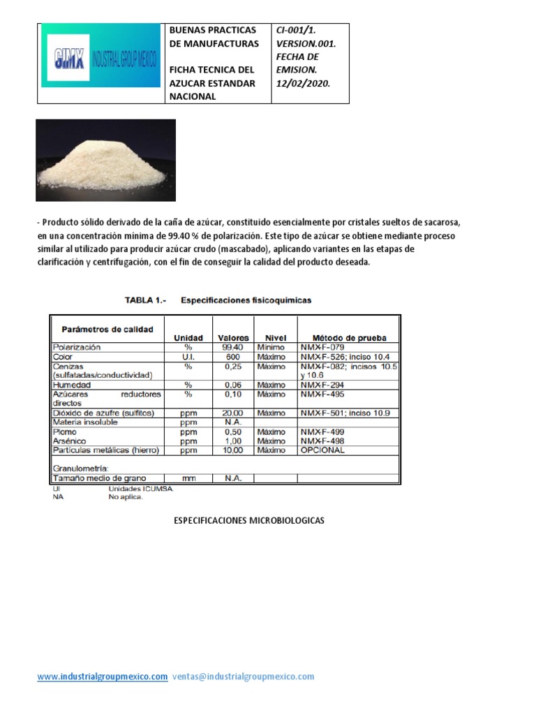 Ficha Tecnica Azucar Estandar | PDF