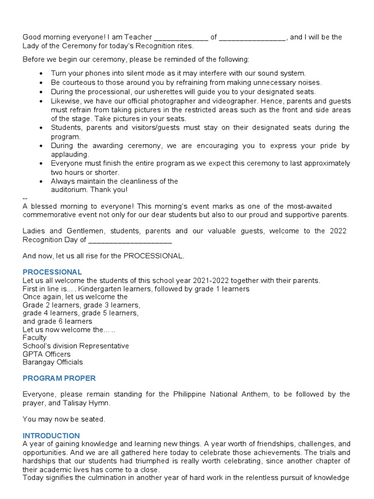 Recognition Day Script | PDF