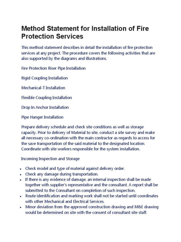 Method Statement For Installation of Fire Protection Services | PDF | Pipe (Fluid Conveyance ...