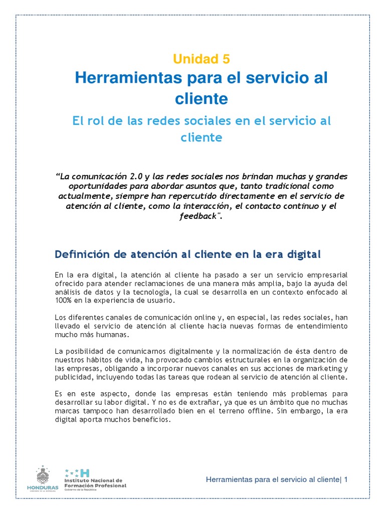 Unidad 5 - El Rol de Las Redes Sociales en El Servicio Al Cliente PDF ...