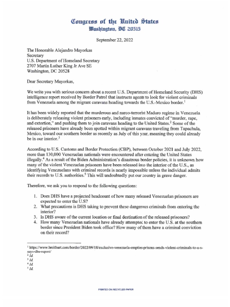 9.22 Letter To DHS On Venezuelan Prisoner Release | PDF