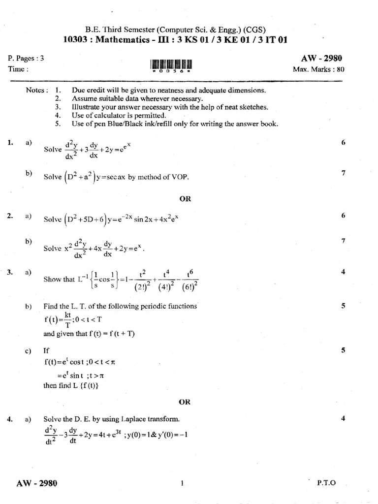 2019 AW (Summer) Sem III Mathematics III | PDF | Differential Equations ...