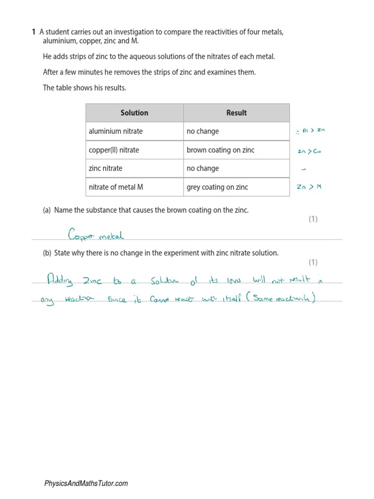Reactivity Series QP ANS | PDF | Chemistry | Chemical Substances