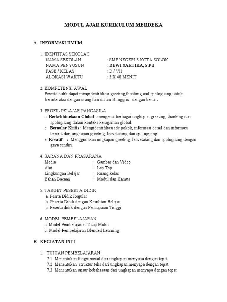 RPP KLS 7 (Modul Ajar) Kurikulum Merdeka | PDF