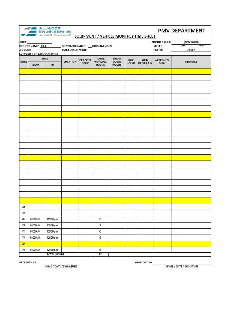 Al Jaber April Month 22 - Timesheet | PDF | Vehicles | Transport