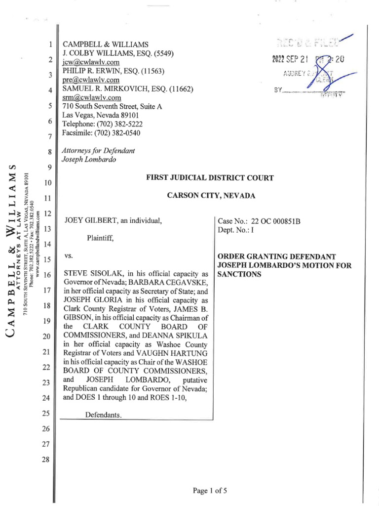 Order Granting Defendant Joseph Lombardo's Motion For Sanctions | PDF