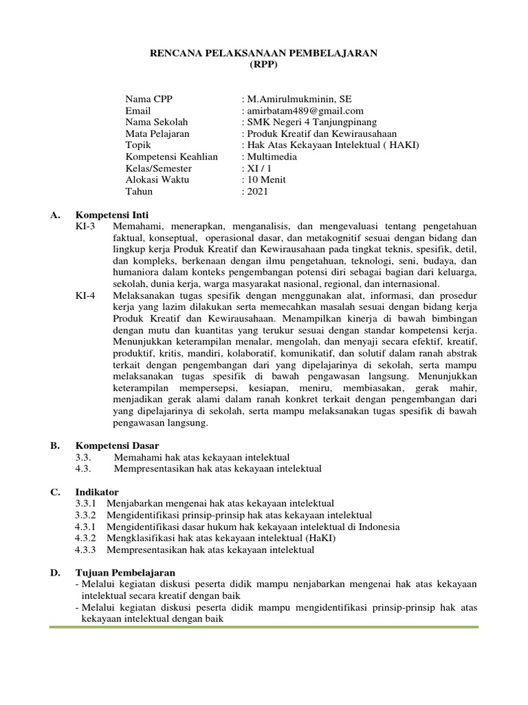RPP Produk Kreatif Dan Kewirausahaan Kelas Xi SMK | PDF