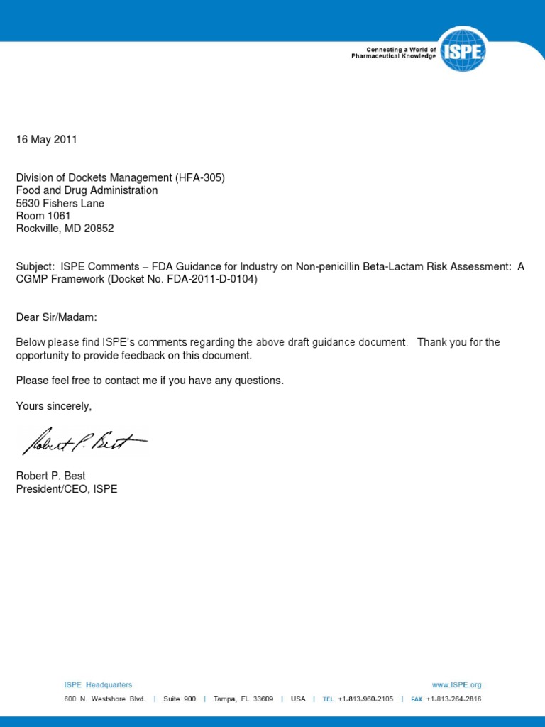ISPE Comments on FDA Beta-Lactam Guidance | PDF | Food And Drug ...