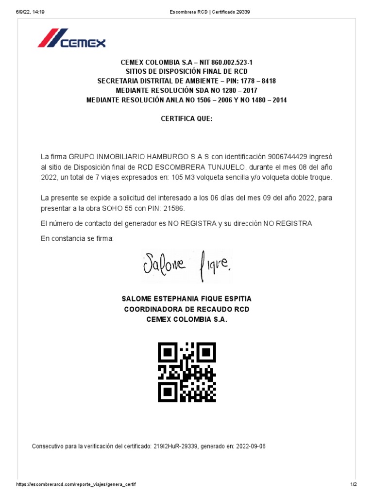 Escombrera RCD - Certificado 29339 Soho 55 | PDF