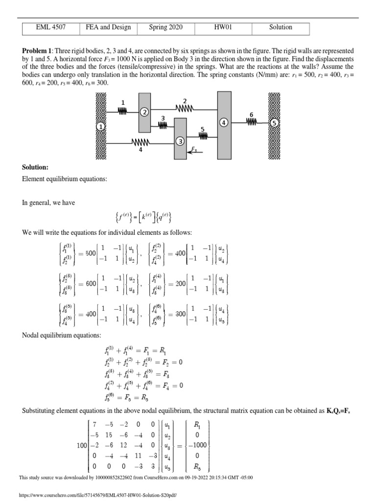 EML4507 HW01 Solution S20 PDF | PDF | Matrix (Mathematics) | Finite Element Method