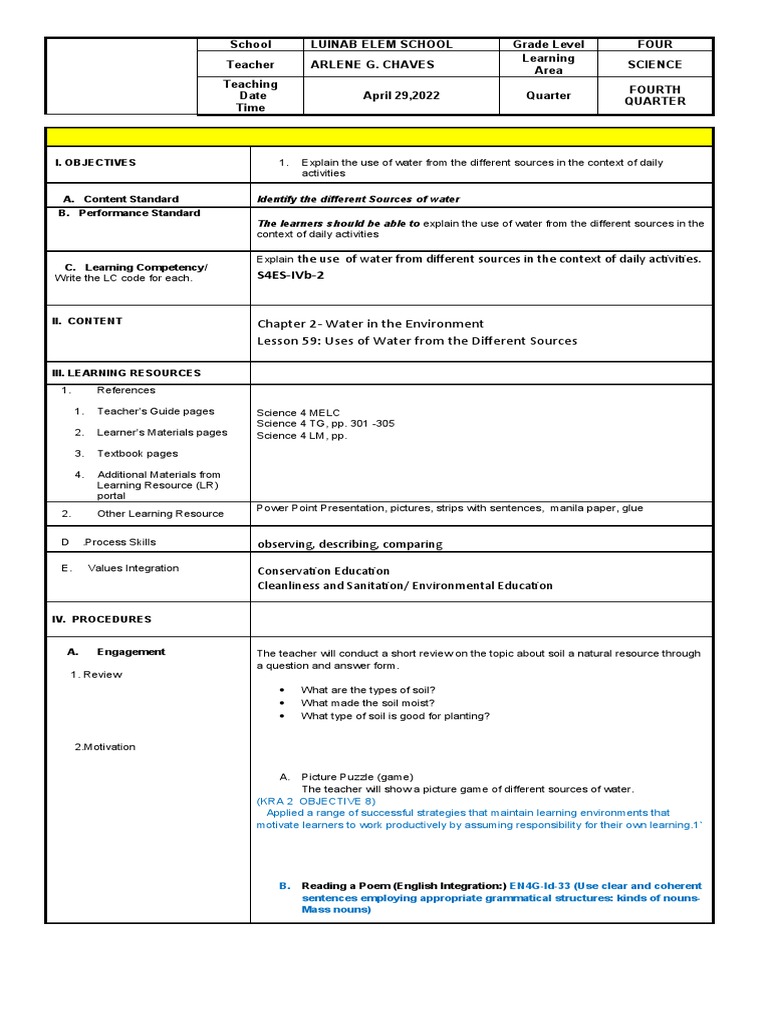 Science COT - 4th Quarter Edited Ni Nko.e | PDF | Water | Learning