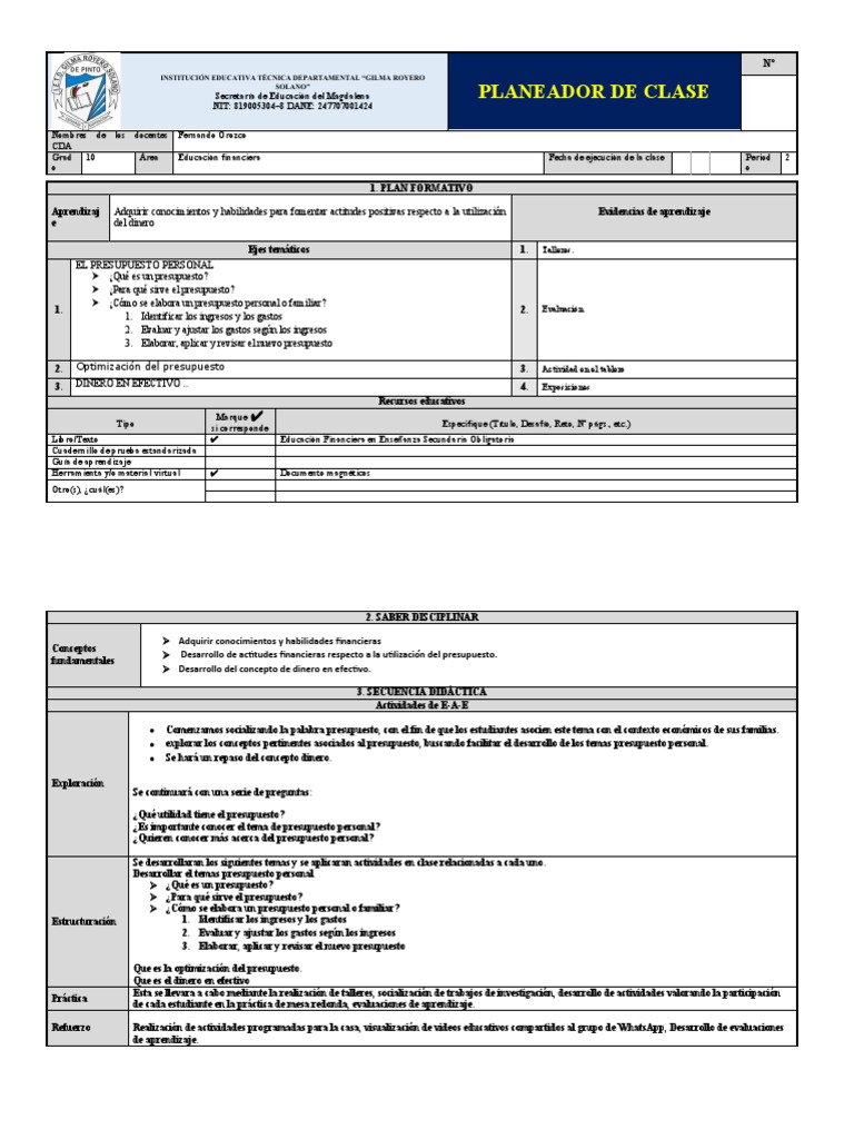 Planeador de Clase Educación Financiera Grado | PDF | Presupuesto | Método de enseñanza