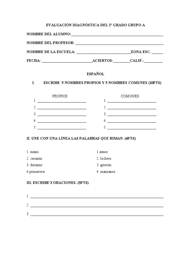 Evaluación Diagnóstica Segundo Grado 2 | PDF | Predicado (Gramática ...
