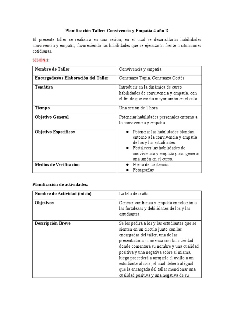 Planificación Taller | PDF