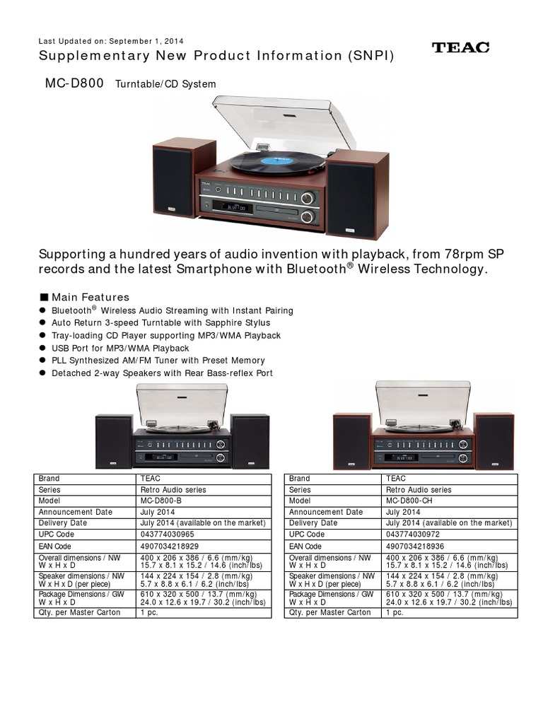 TEAC MC-D800 Product Information EN | PDF | Phonograph | Loudspeaker
