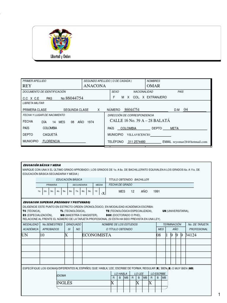 Hoja De Vida De La Funcion Publica Pdf Colombia Etapas Educativas