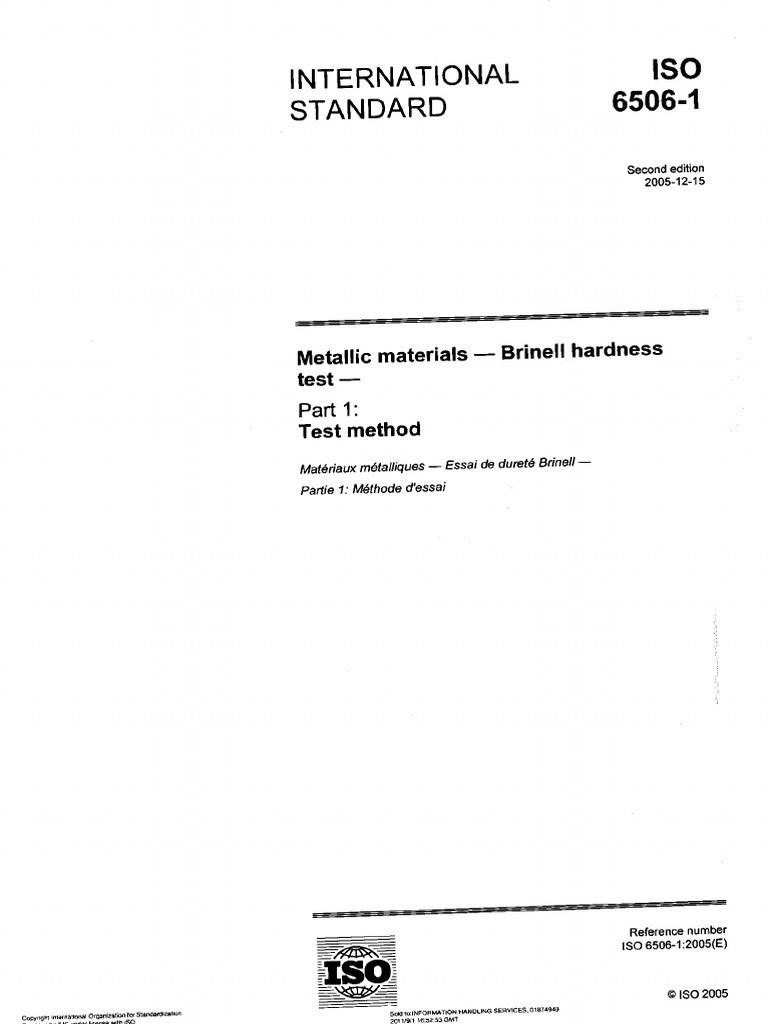 ISO 6506-1 2005 Metallics Material - Brinell Hardness Test Method | PDF