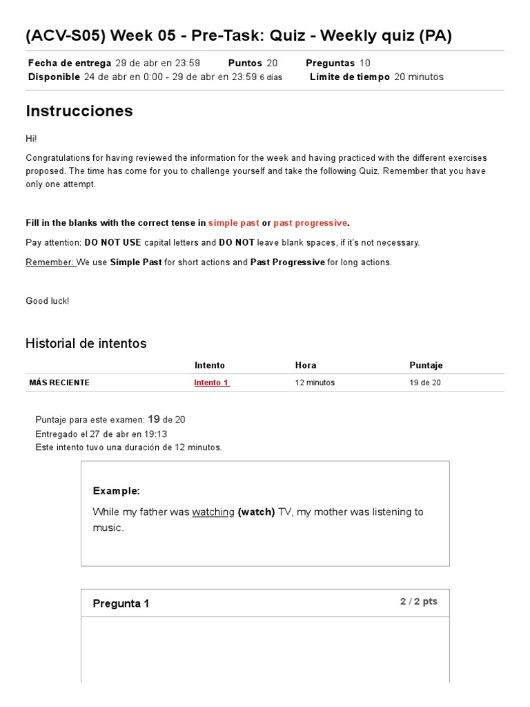 (ACV-S05) Week 05 - Pre-Task - Quiz - Weekly Quiz (PA) - INGLES III (25875) | PDF