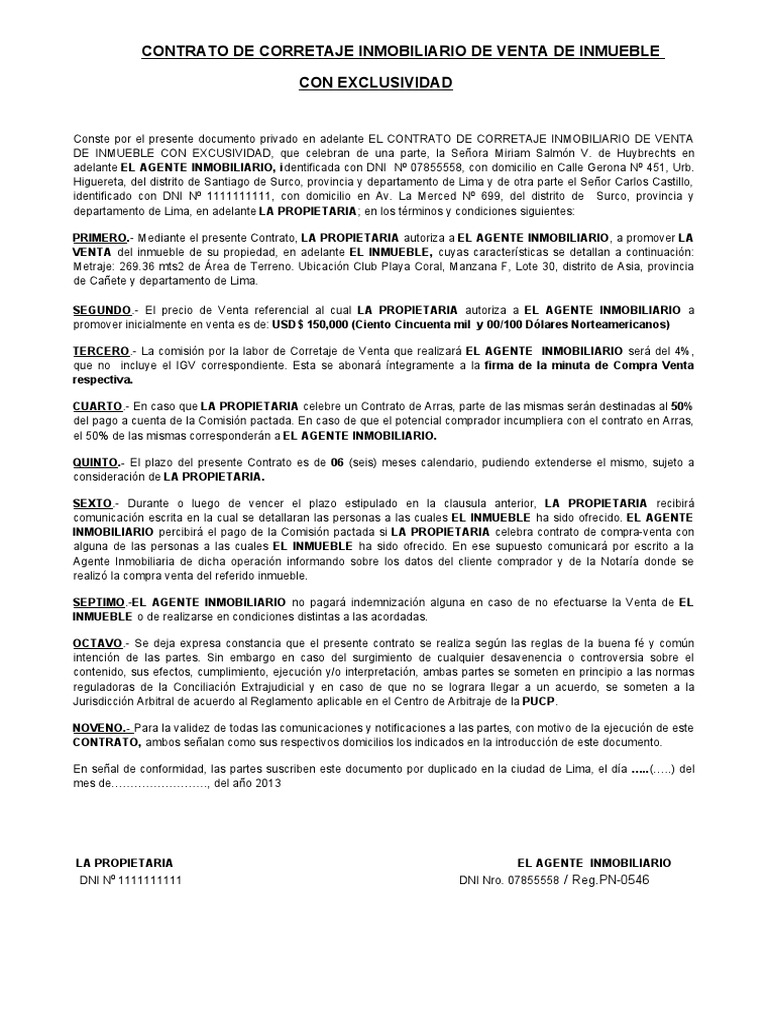 Modelo de Contrato de Corretaje de Venta Con Exclusividad 5-9-13 | PDF Modelo de Contrato de Corretaje de Venta Con Exclusividad 5-9-13 | PDF