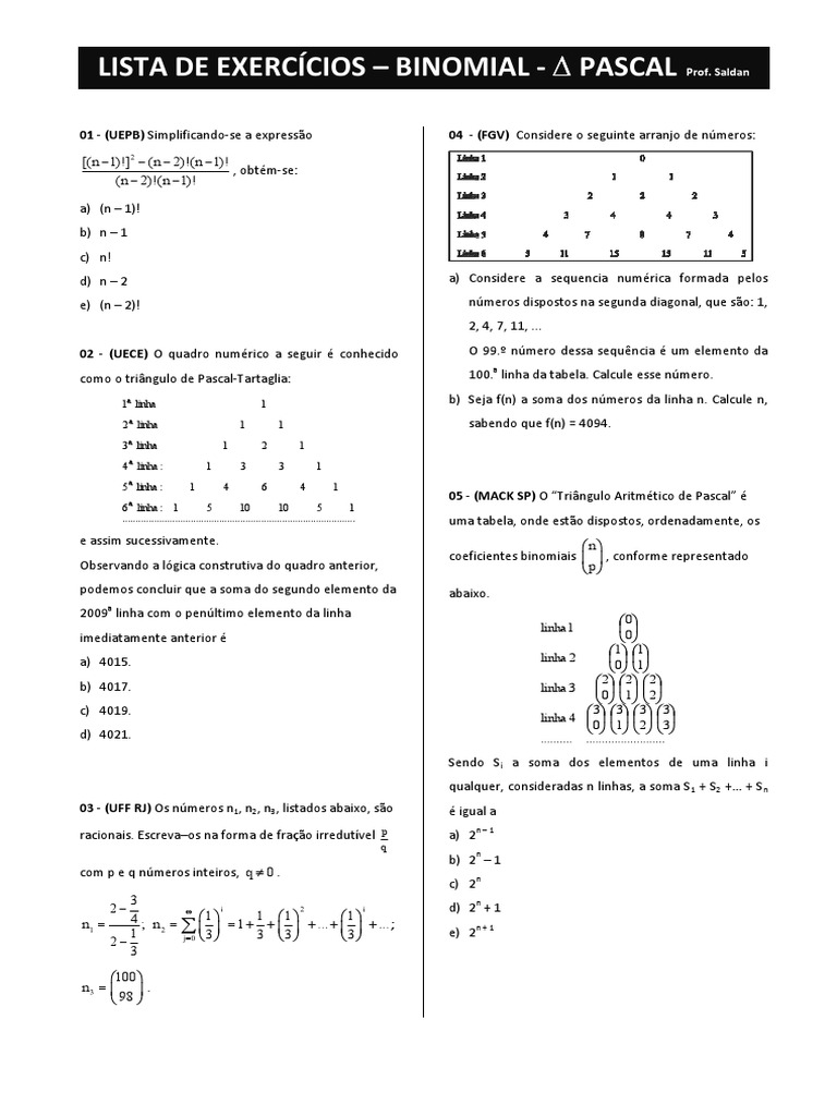 Lista - Número Binomial-Triângulo de Pascal | Download grátis PDF ...