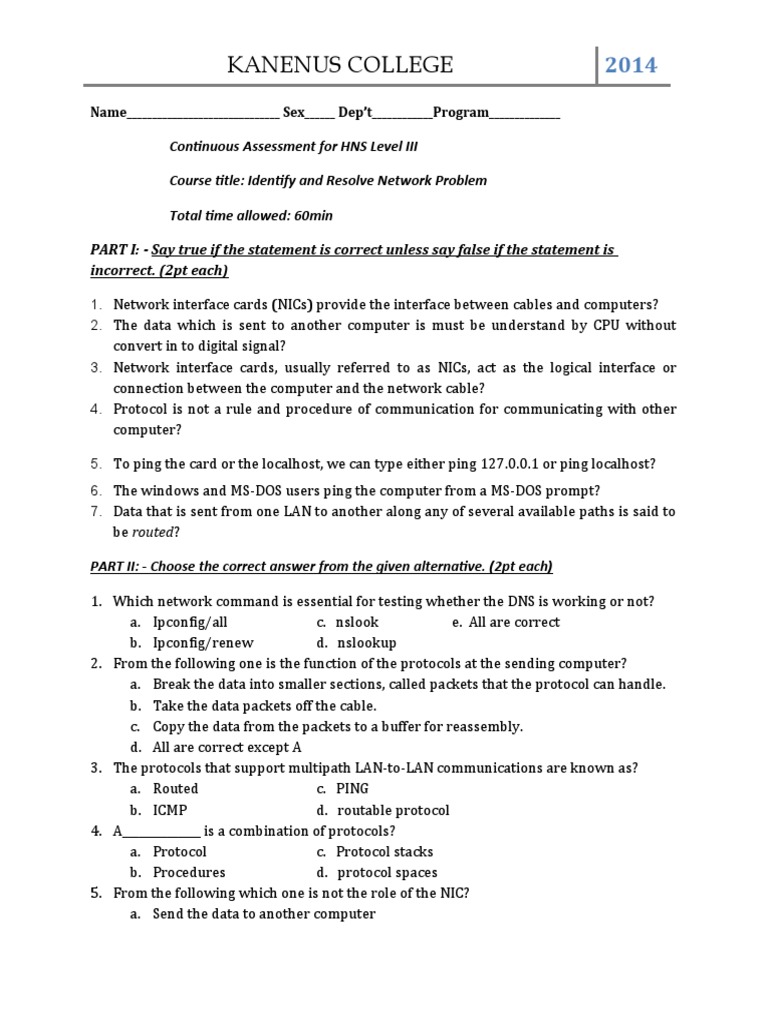 C. Assessment For HNS 3 | PDF | Computer Network | Network Interface ... C. Assessment For HNS 3 | PDF | Computer Network | Network Interface ...