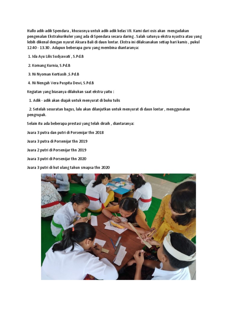 Pengenalan Ekstrakurikuler Nyurat Aksara Bali | PDF