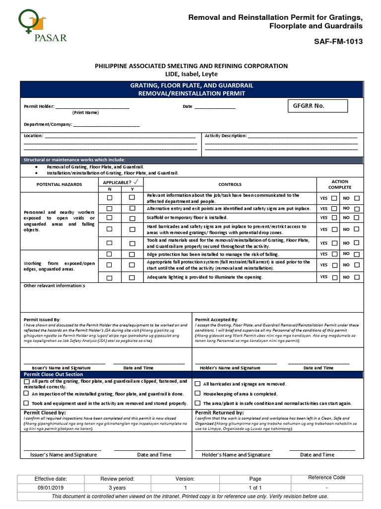 Removal and Reinstallation Permit For Gratings, Floorplate and ...