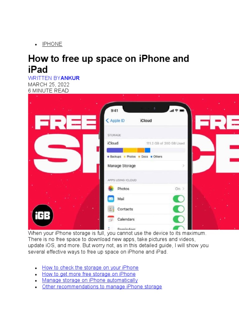 Freeing Up iPhone Storage Guide | PDF | Ios | I Cloud