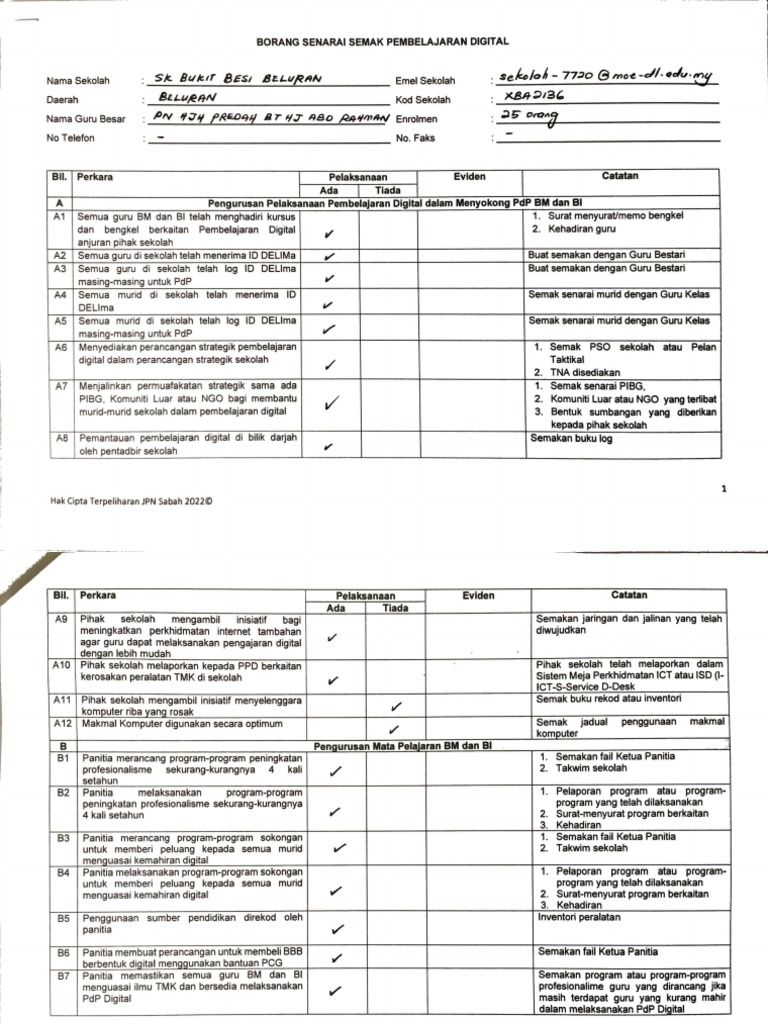 Borang Senarai Semak Pembelajaran Digital | PDF