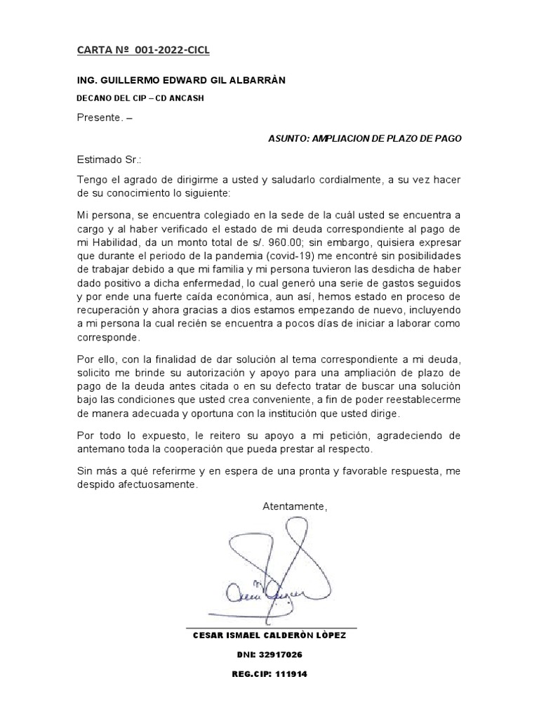 Carta de Ampliaciòn de Plazo de Pago | PDF