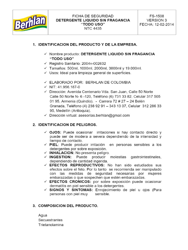 FICHA DE SEGURIDAD DETERGENTE LIQUIDO SIN FRAGANCIA TODO USO NTC IDENTIFICACION DEL PRODUCTO Y ...