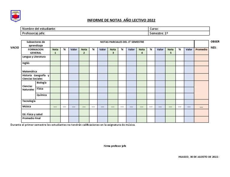 Formato Informe de Notas Año Lectivo 2022 Primeros Medios | PDF