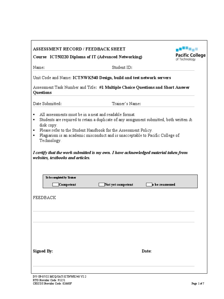 ICTNWK540 - Assessment 1 - MCQs and SAQs | PDF | Backup | Multiple Choice