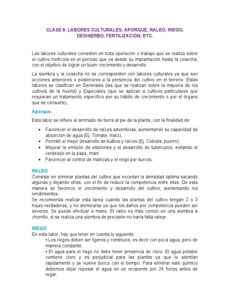 Cultivos hortícolas: labores culturales como aporque, raleo, riego y ...