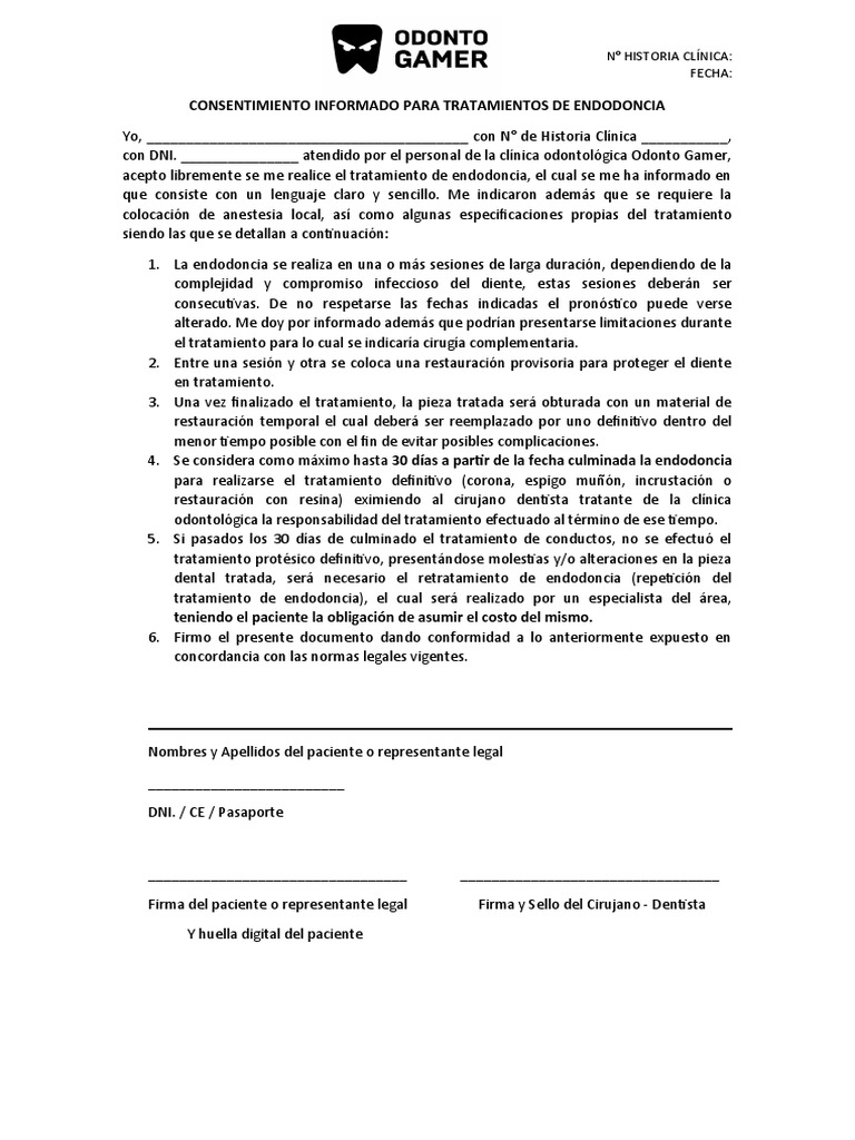 Consentimiento Informado para Tratamientos de Endodoncia | PDF ...