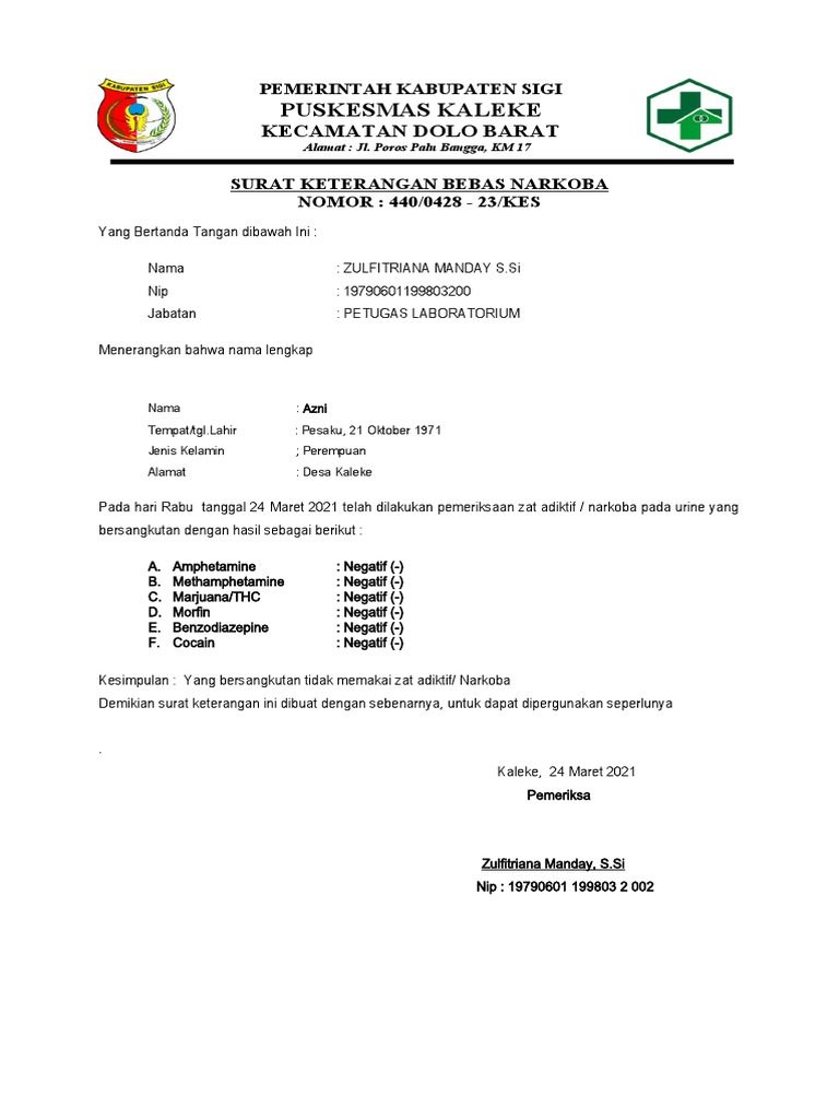 Surat Keterangan Bebas Narkoba | PDF