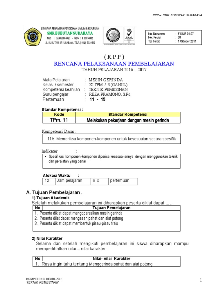 RPP Mesin Gerinda Pahat 11-15 | PDF