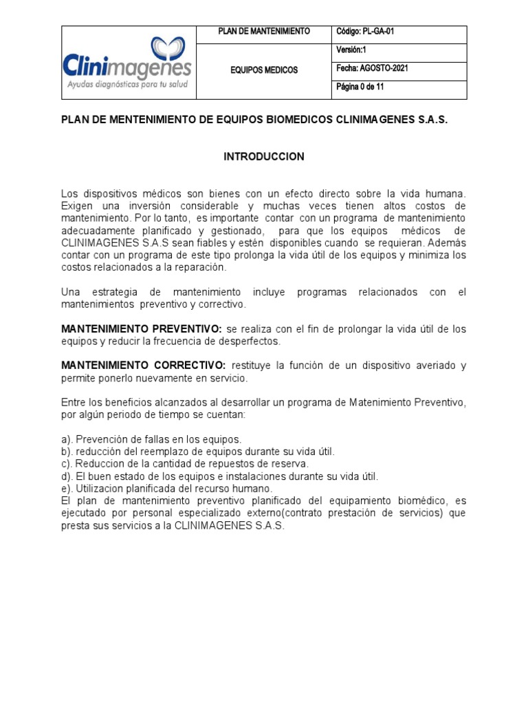 1 Plan de Mantenimiento Equipos Biomedicos | PDF | Residuos | Balanza